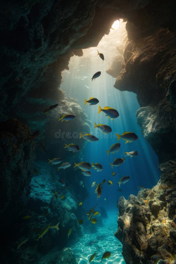 A Group of Fish Swim in a Cave Under the Water, AI Stock Photo - Image ...