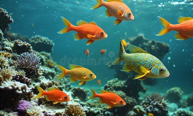 Group Fish Swimming in Coral Reef Stock Illustration - Illustration of ...