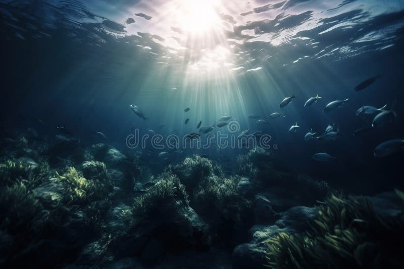 A Group of Fish Swimming in the Ocean Under the Sunbeams of the Ocean ...