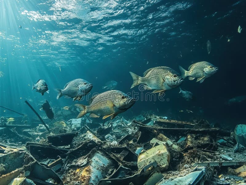 Group of Fish Swimming Over Underwater Trash and Debris in a Polluted ...