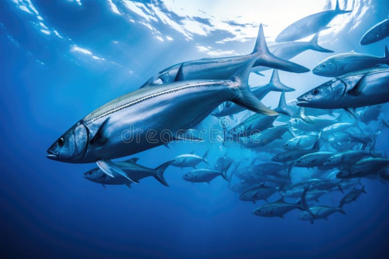 A Group of Fish Swimming in Unison with One Fish Swimming Alone Stock ...