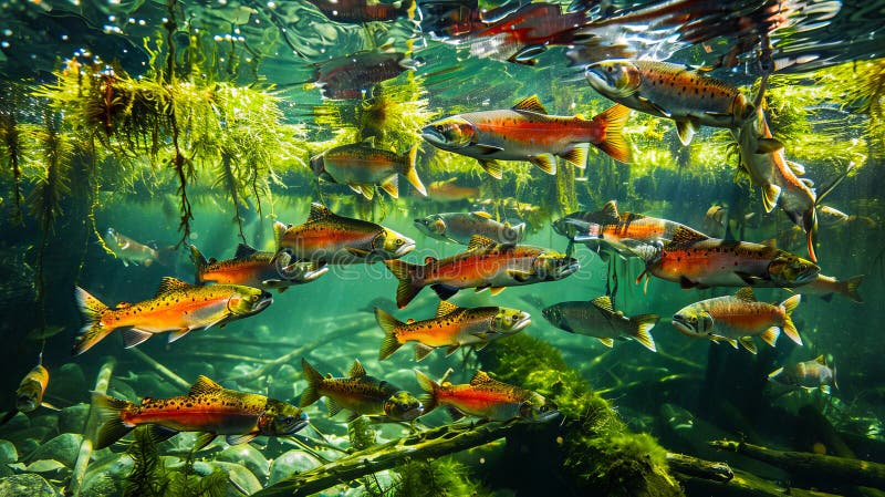 A Group of Fish Jumping Out of the Water Stock Photo - Image of salmon ...