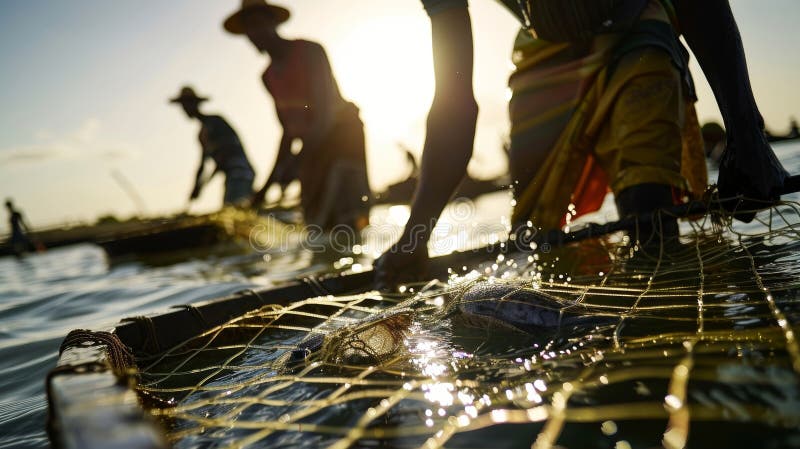A Group of Fisherman Holding Netted Catch from a Solarpowered Floating ...