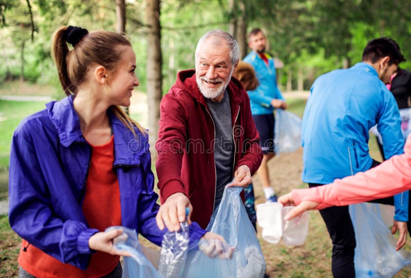 Group of Fit People Picking Up Litter in Nature, a Plogging Concept ...