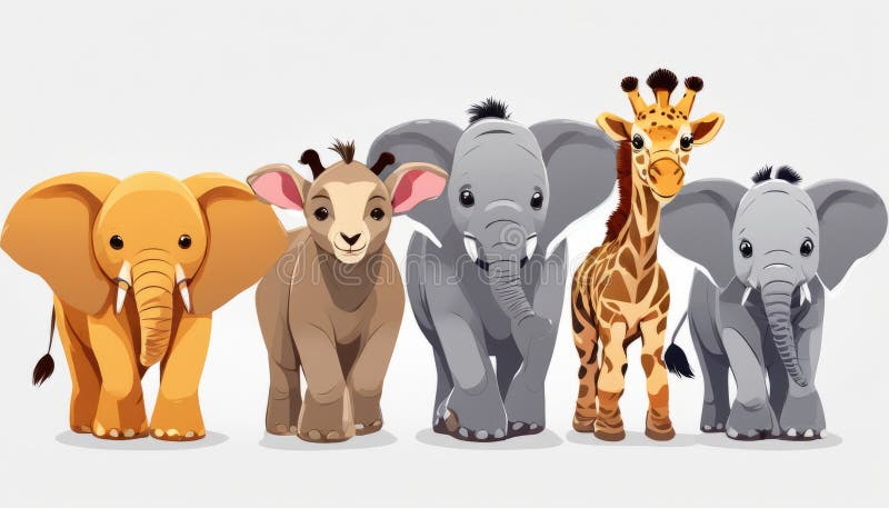 A Group of Five Baby Animals Standing in a Row Stock Illustration ...