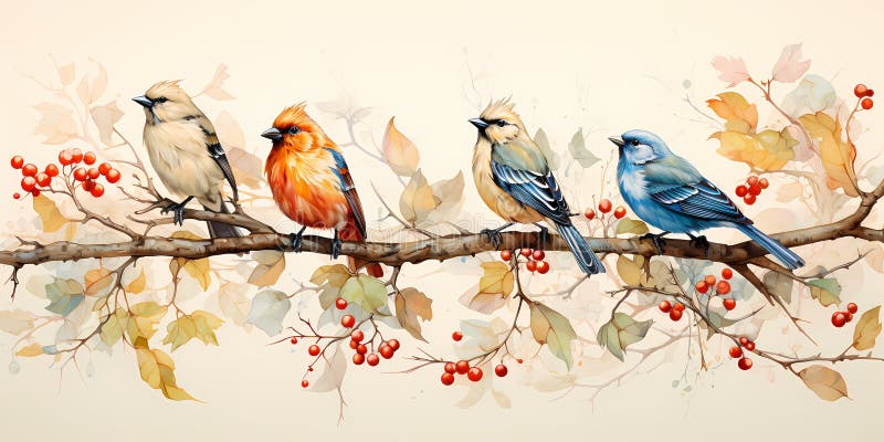 A Group of Five Birds are Lined Up, a Group of Birds on a Branch Stock ...