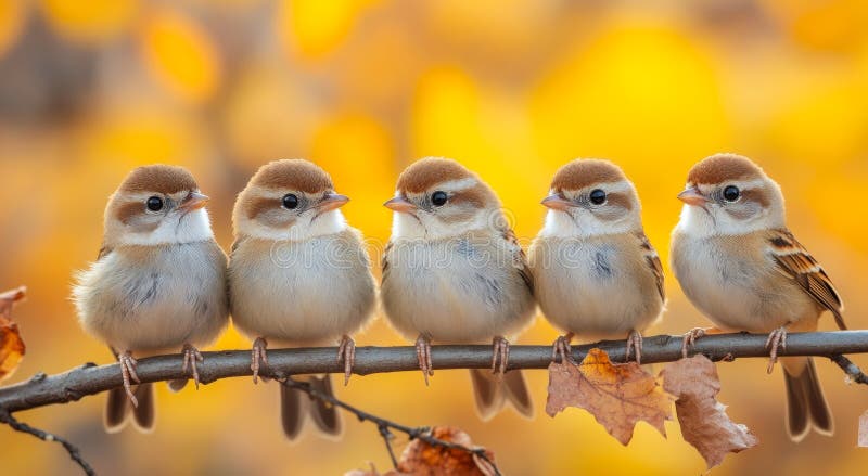 A Group of Five Birds are Perched on a Branch Stock Image - Image of ...