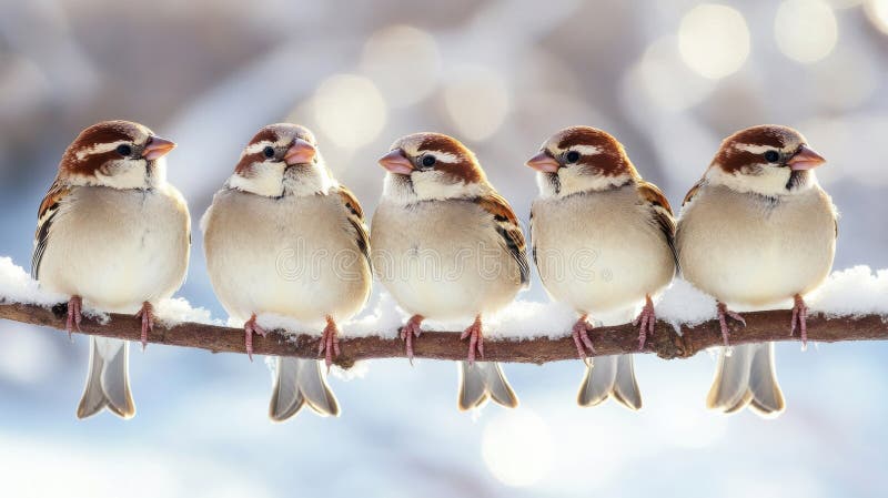 A Group of Five Birds Sitting on a Branch in the Snow, AI Stock Image ...