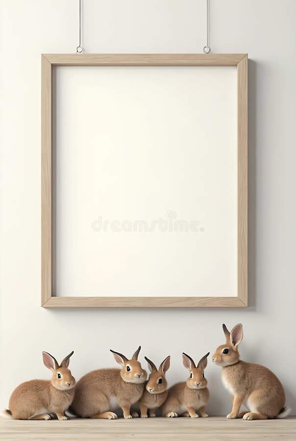 A Group of Five Brown Rabbits Sits on a Wooden Surface Stock ...
