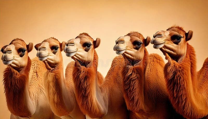 Five Camels Standing Side by Side in a Desert Setting with a Warm ...
