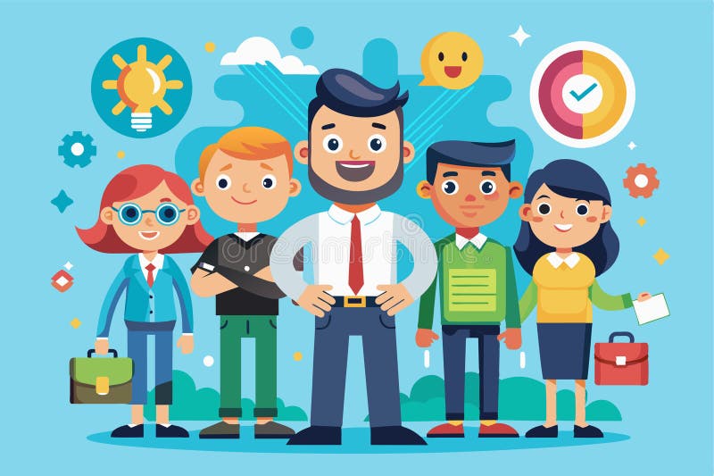 A Group of Five Cartoon Characters Stands Together in an Office ...