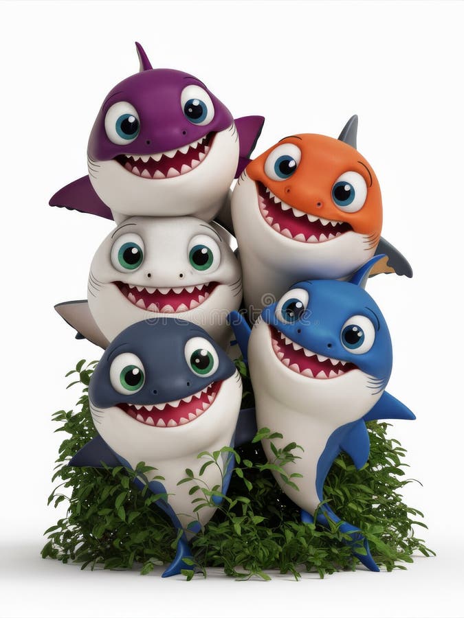 A Group of Five Cartoon Sharks are Sitting on Top of a Plant, AI Stock ...