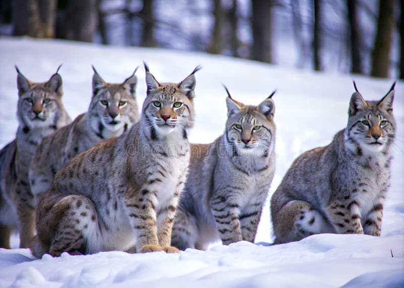 A Group of Five Cats are Sitting in the Snow Stock Illustration ...