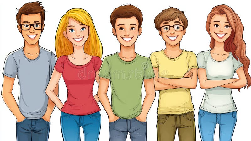 Group of Five Cheerful Young Characters Standing Together Confidently ...