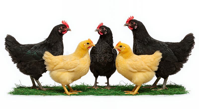 Group of Chickens with Black and Yellow Feathers Standing on Green ...
