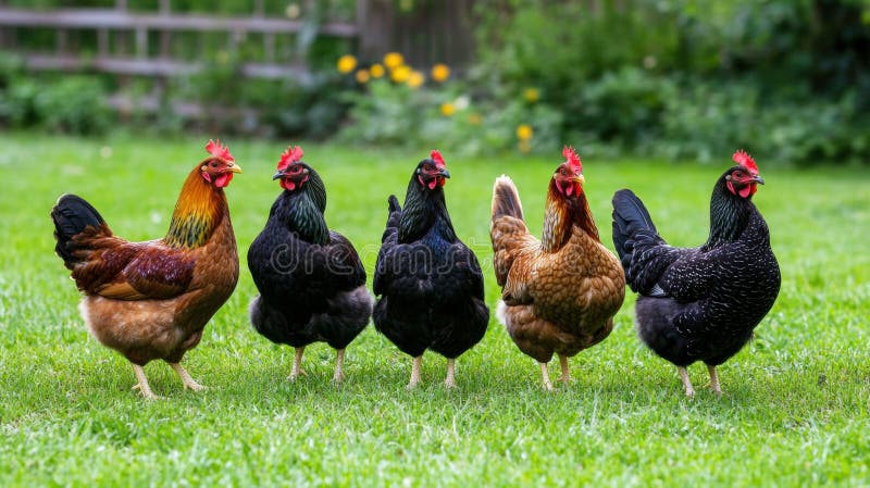 A Group of Five Chickens Standing in a Row on the Grass, AI Stock Image ...