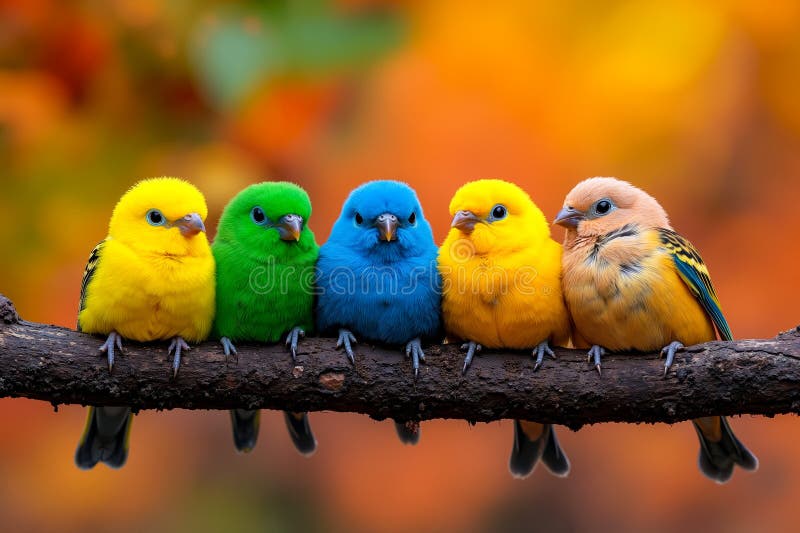A Group of Colorful Birds Sitting on a Branch Stock Image - Image of ...
