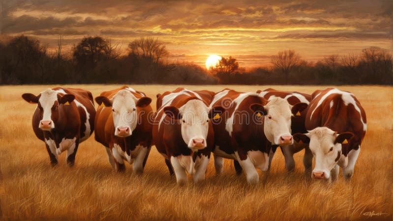 A Group of Five Cows are Standing in a Field at Sunset, AI Stock Photo ...