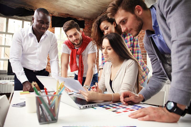 Group of Five Creative Worker Brainstorm Together in Office, New Style ...