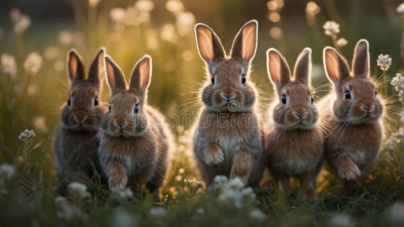 Five Adorable Brown Rabbits in a Field at Sunset Stock Illustration ...