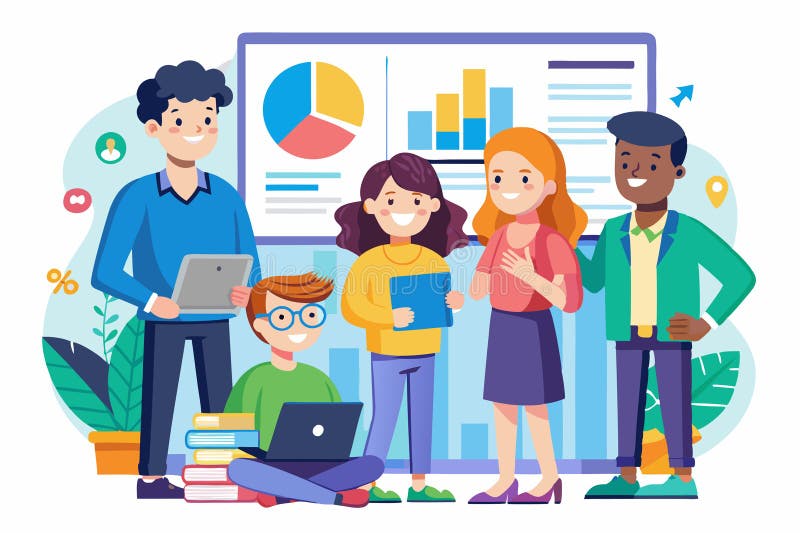 A Group of Five Diverse Students Work Together on Data Analysis Using ...