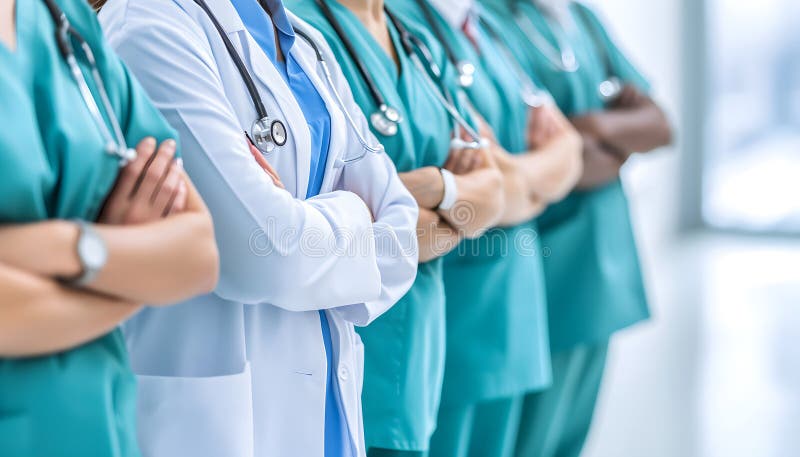 Group of Five Doctors with Stethoscope on White Blurred Hospital Stock ...