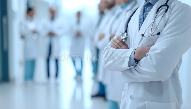 Group of Five Doctors with Stethoscope on White Blurred Hospital Stock ...