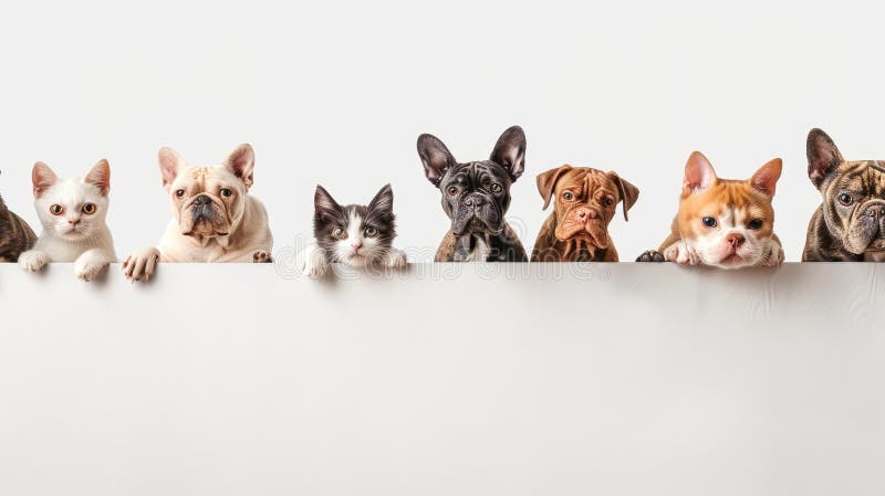 A Group of Five Dogs and a Cat Look Over a White Surface, Their Heads ...