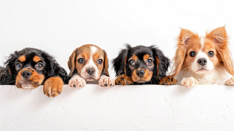 A Group of Five Dogs and a Cat Look Over a White Surface, Their Heads ...