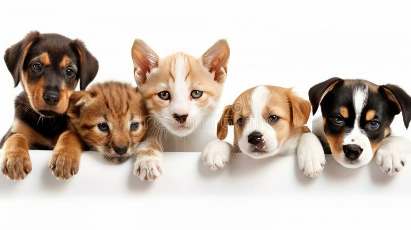 A Group of Five Dogs and a Cat Look Over a White Surface, Their Heads ...