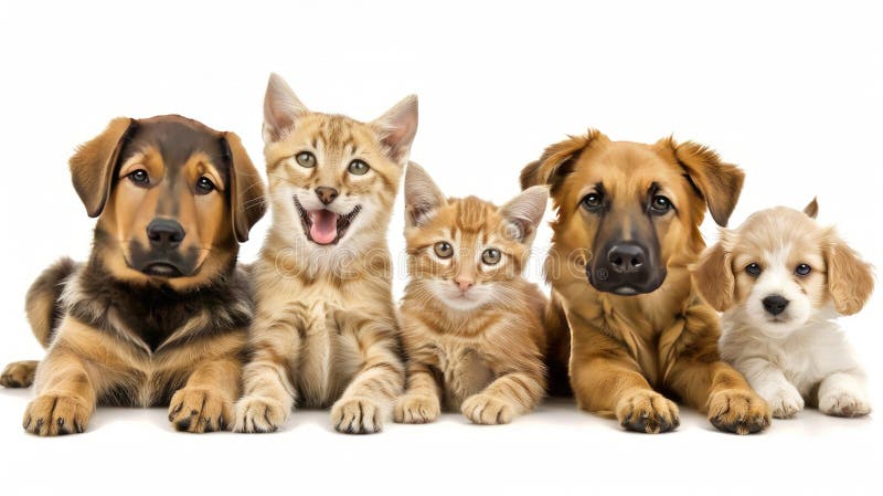 A Group of Five Dogs and a Cat Look Over a White Surface, Their Heads ...
