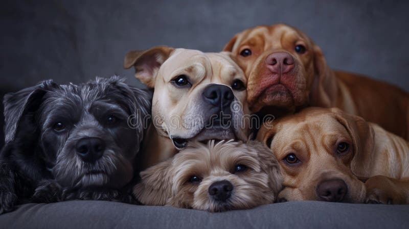 Group of Five Dogs Posing Together in a Cozy Setting Stock Photo ...