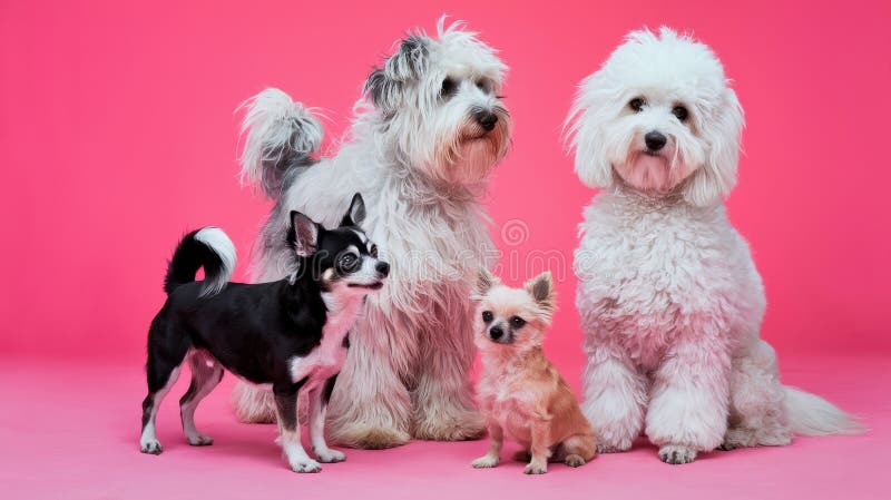 Group of Five Dogs with Seated Person in Casual Pose on Pink Background ...