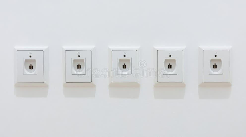 Group of Five Electrical Outlets Installed on a White Wall in a Modern ...