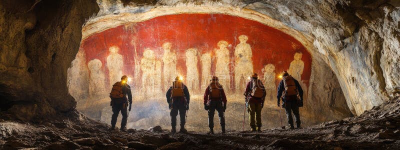 A Group of Five Explorers Stands in a Dimly Lit Cave, Illuminated by ...