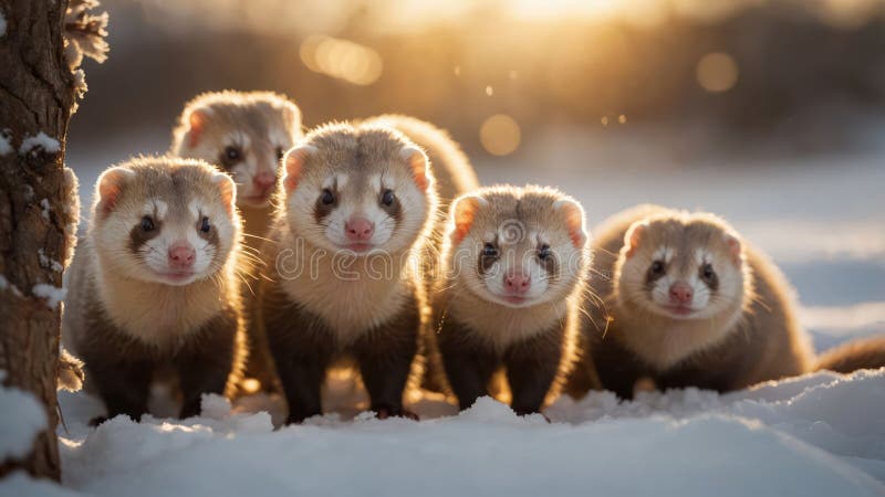 Adorable Ferrets Playing in the Snowy Winter Sunset Stock Illustration ...