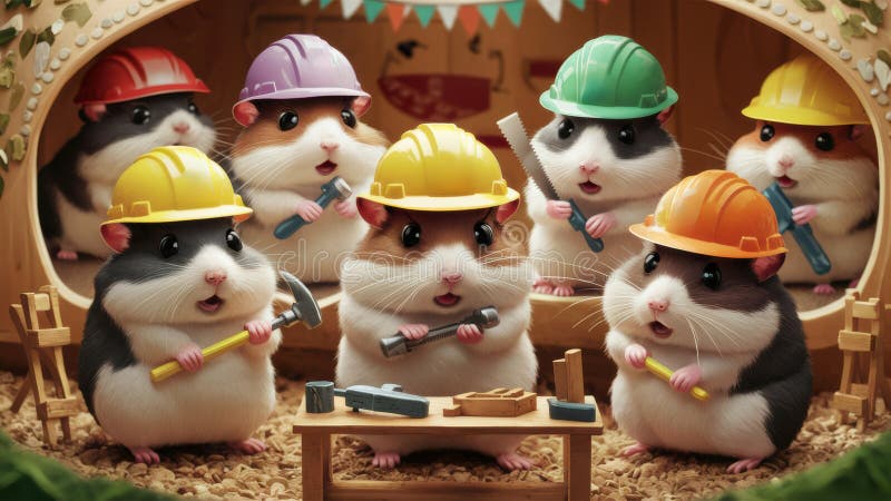 A Group of Five Hamsters in Construction Hats and Hardhats, AI Stock ...