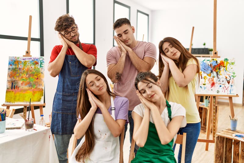 Group of Five Hispanic Artists at Art Studio Sleeping Tired Dreaming ...
