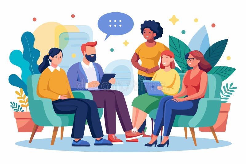 A Group of Five Individuals Participates in a Therapy Session while ...