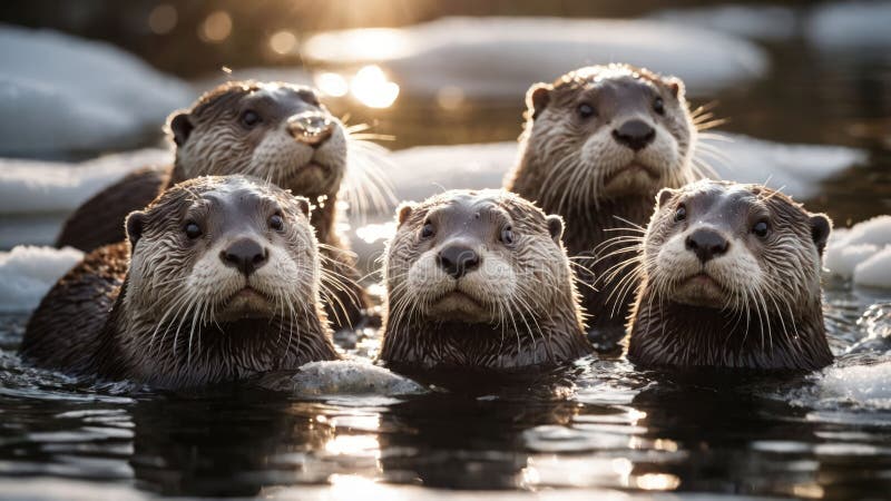 Four Adorable Otters Emerging from Icy Water at Sunset Stock ...