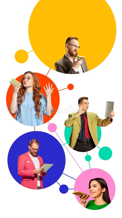 Group of Five People in Brightly Colored Outfits Interacting with ...