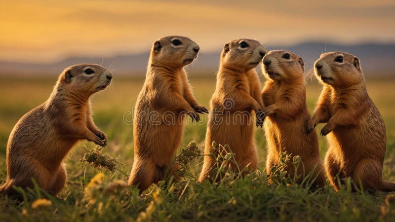Five Prairie Dogs Standing Together at Sunset Stock Illustration ...