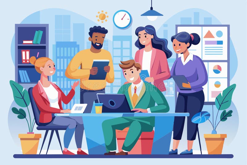 A Group of Five Professionals Collaborates Around a Table with Laptops ...