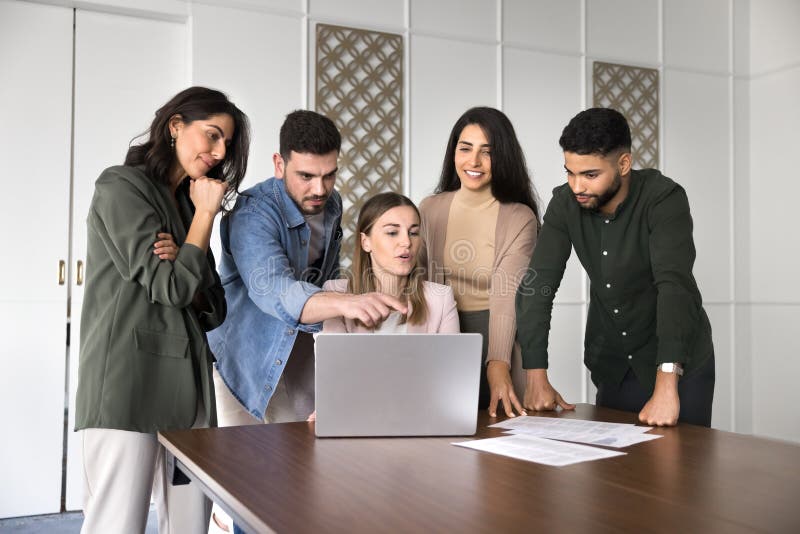 Group of Five Professionals Collaborating on Online Project in Office ...