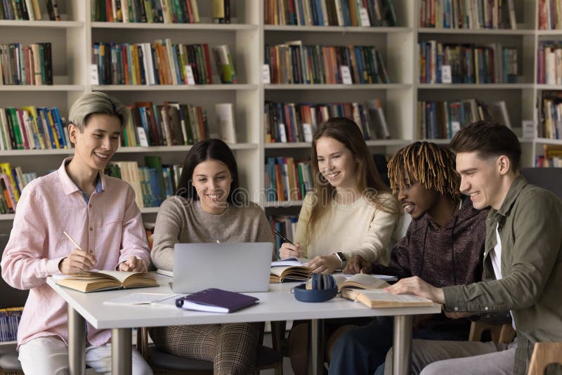 Group of Five Pupils Study Together in Library Use Laptop Stock Image ... Group of Five Pupils Study Together in Library Use Laptop Stock Image ...