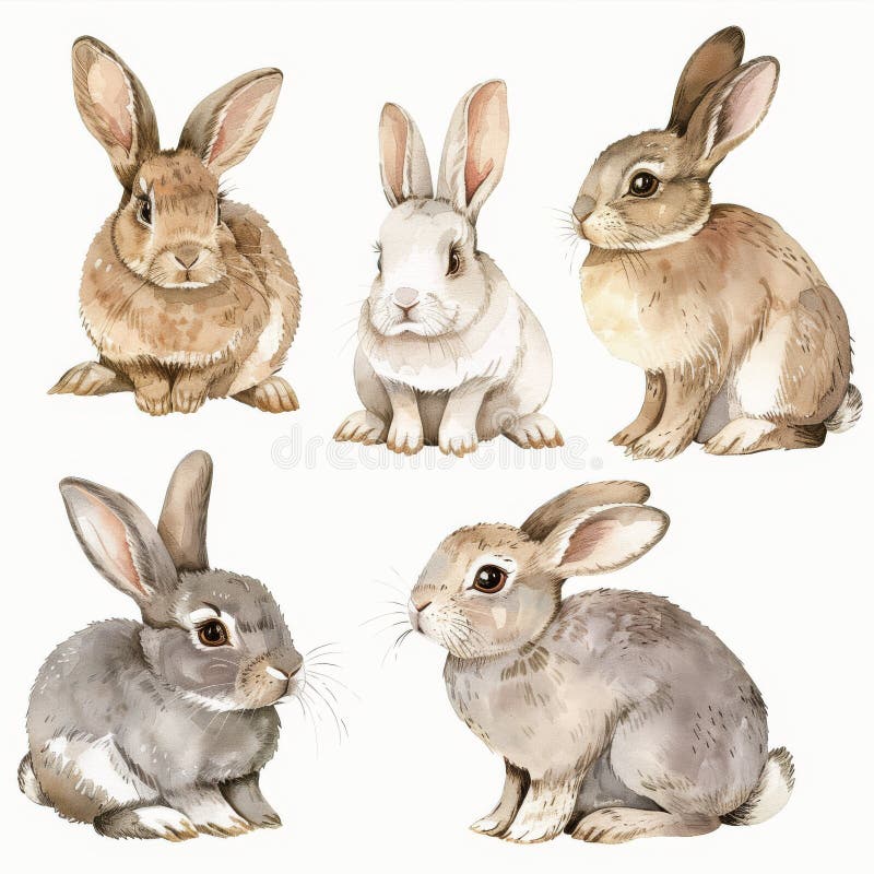 Group of Five Rabbits Isolated on Transparent Background. Various ...
