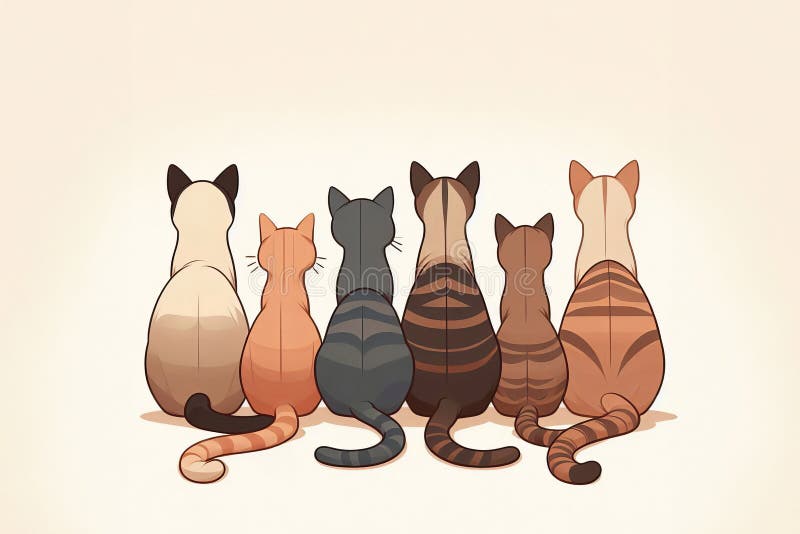 Group of Five Stylized Cats in a Back View Stock Image - Image of ...