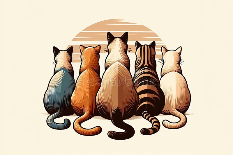 Group of Five Stylized Cats Sitting Together, Back View. Each Has a ...