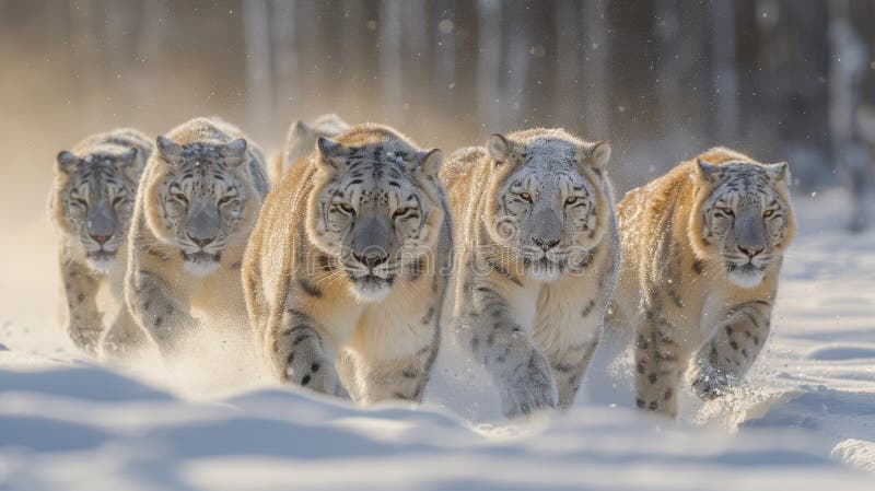 A Group of Five Tigers Running in the Snow Together, AI Stock Image ...