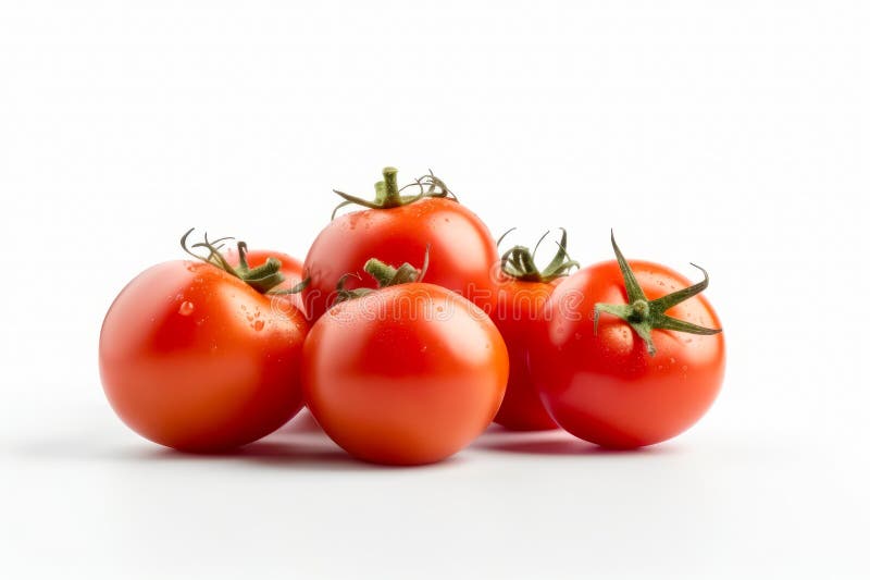 Group of Five Tomatoes on White Surface with Water Droplets on Them ...